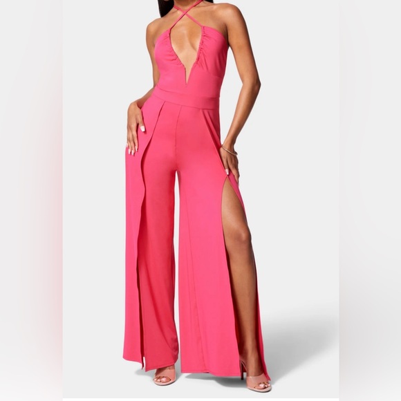 bebe | Pants & Jumpsuits | Bebe Nwt Pink Strappy Slit Leg Jumpsuit ...